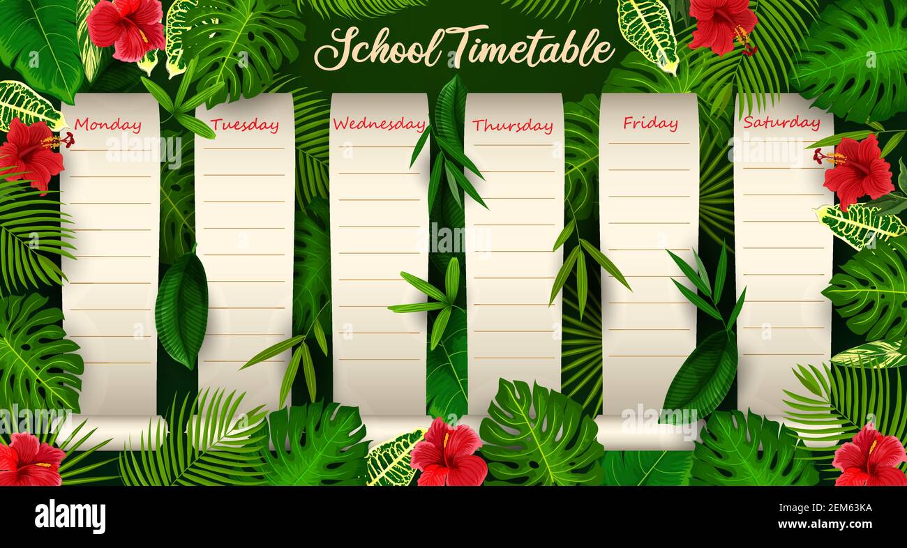 School timetable with tropical leaves, vector weekly planner template ...