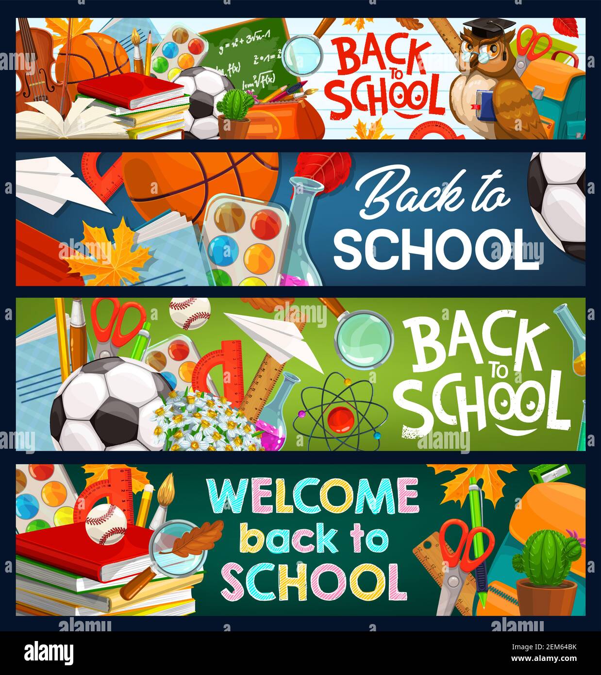 Back to school chalkboard banners, student books and pens, vector study ...
