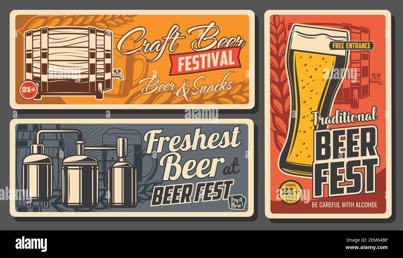 Craft beer and snacks vector posters. Glass cup with foamy drink ...