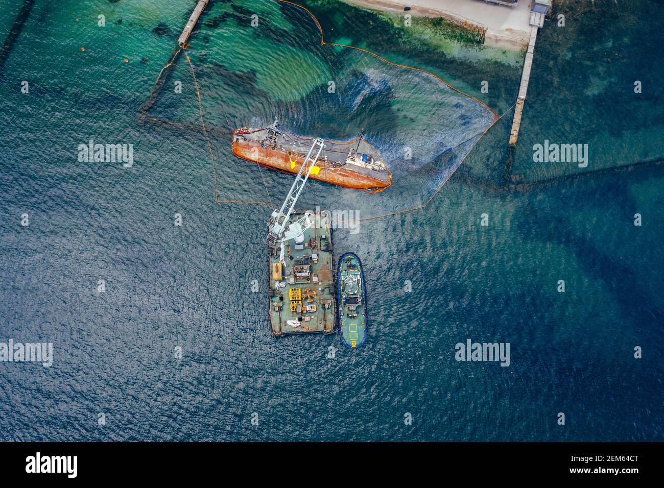 Top view of an old tanker that ran aground and overturned Stock Photo ...