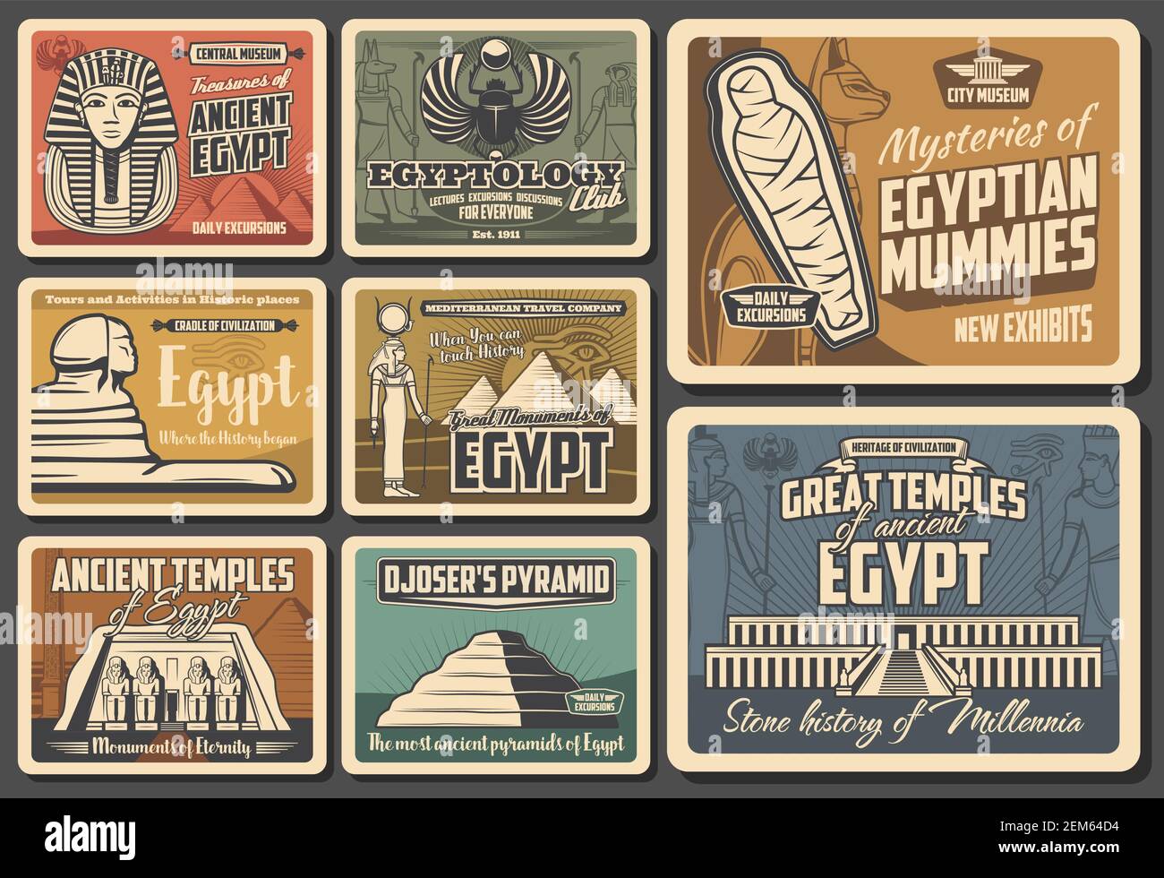 Ancient Egypt retro vector posters. Cairo pyramids travel, Egyptian ...