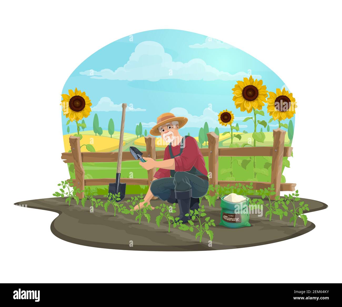 Farmer applying fertilizer to soil with hand trowel and bag of manure ...