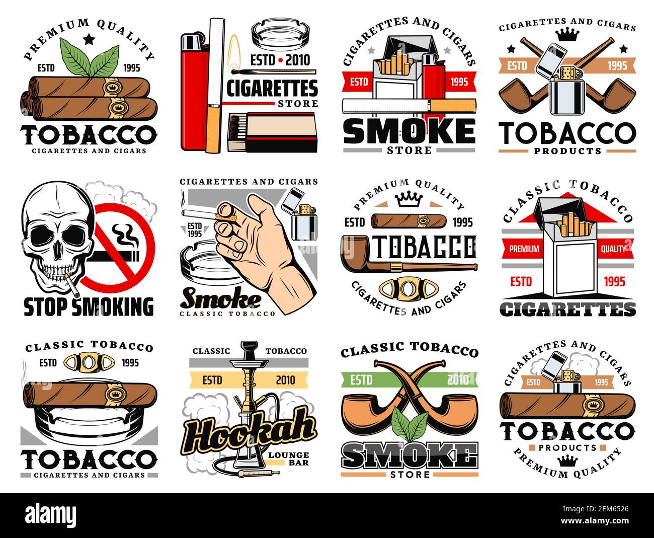 Cigars and cigarettes tobacco shop icons, hookah lounge bar vector sign ...