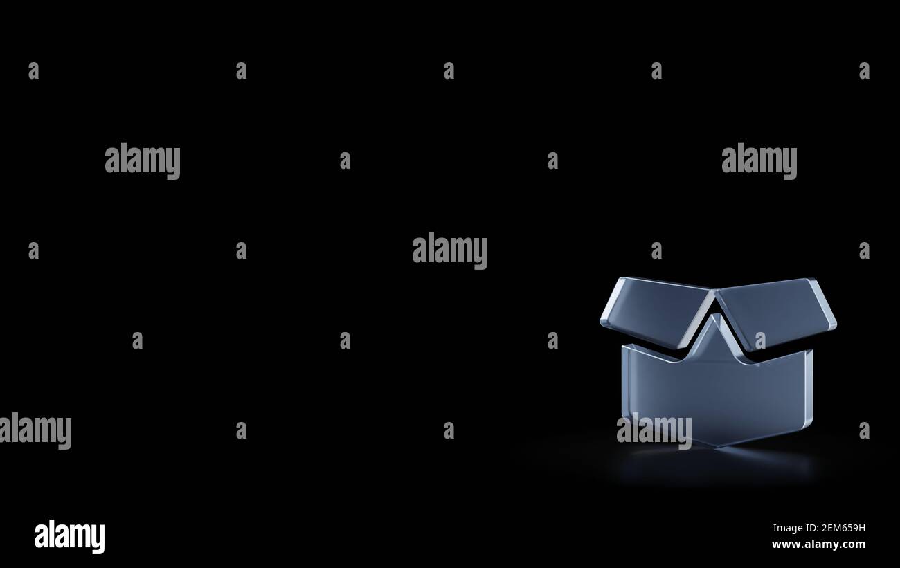 3d Rendering Of Frosted Glass Symbol Of Box Open With Flaps Isolated On Black Background With