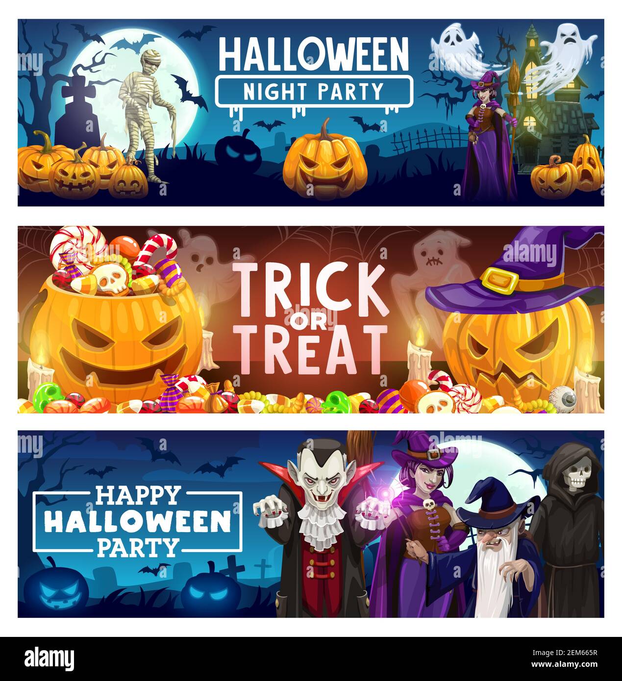 Halloween trick or treat candy, horror pumpkin and creepy monster ...