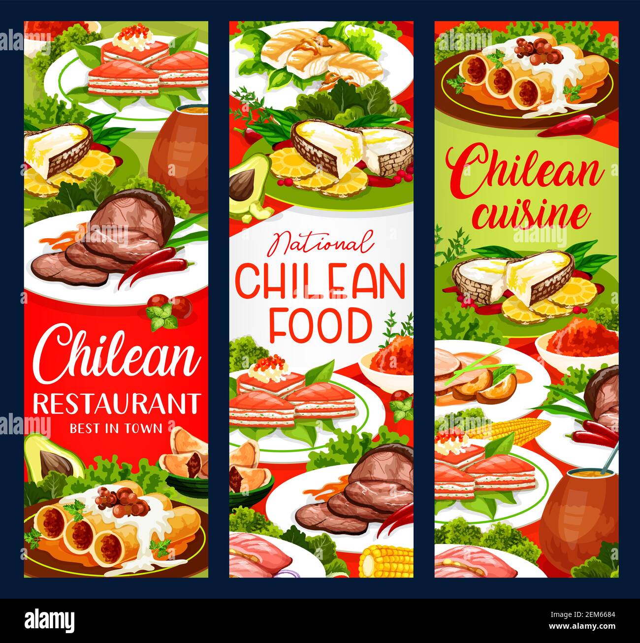 Chilean cuisine food traditional Latin America menu vector banners. Chile authentic cuisine dishes salmon and cheese pie spicy sea bass fish in chi Stock Vector Image Art Alamy
