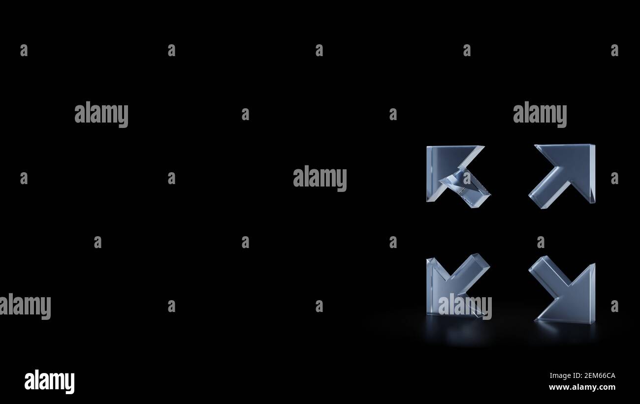3d Rendering Of Frosted Glass Symbol Of Expand Arrows Isolated On Black Background With Blurry