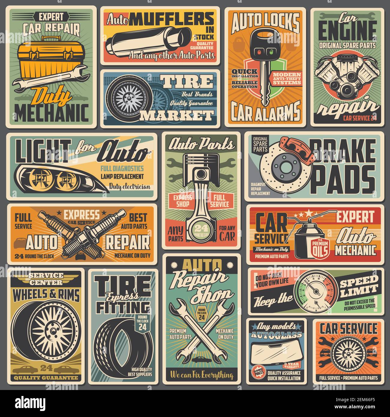 Cars auto service and mechanic garage station, vector vintage retro ...