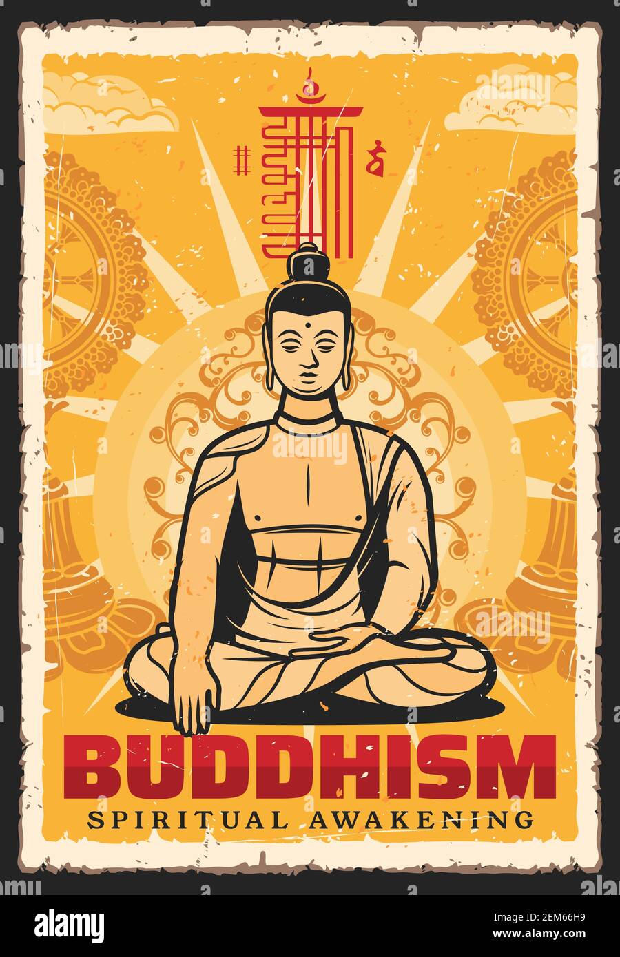 Buddhism religion vector vintage retro poster, Buddha meditation ...