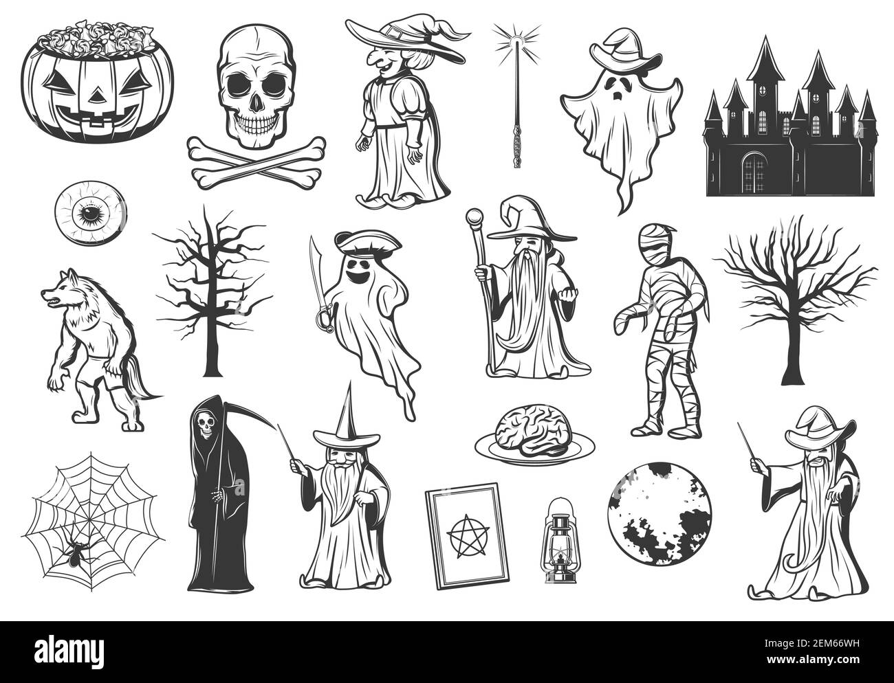 Halloween monster sketches with vector pumpkin, trick or treat candies ...