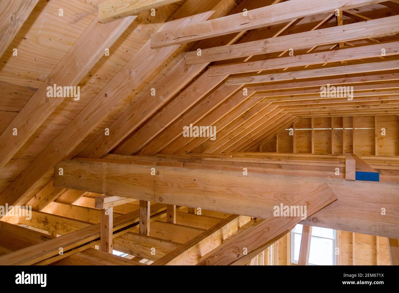 House attic under construction interior inside a frame walls and ...