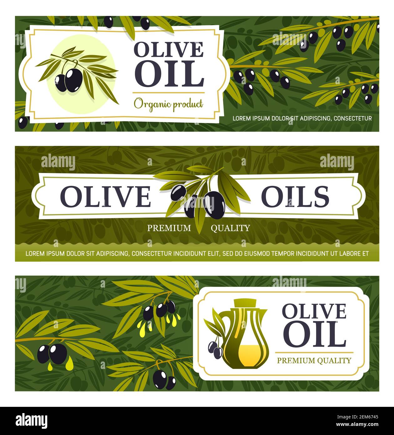 Olive oil and fruits, food vector banners with olive tree branches ...