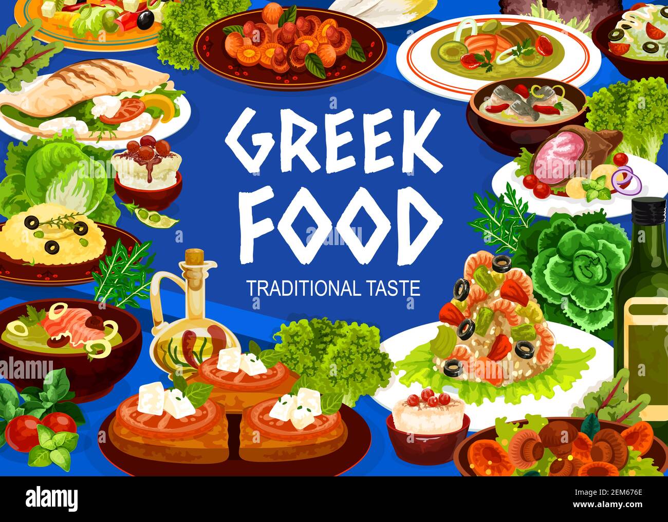 Greek cuisine seafood, vegetable and meat meal, vector food. Salad of ...
