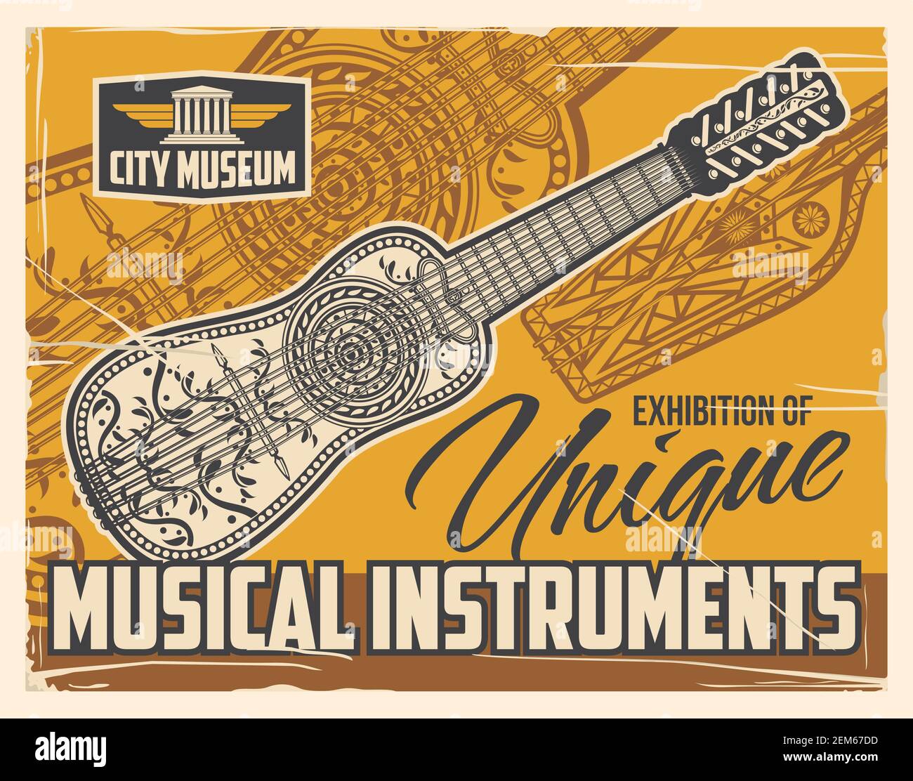 Musical string instruments museum exhibition, vintage retro poster ...