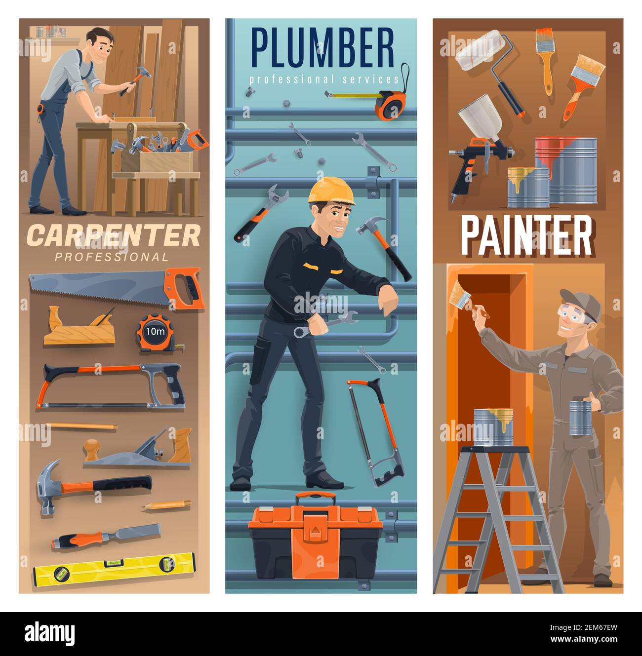 Carpenter, plumber and painter, vector construction industry workers ...