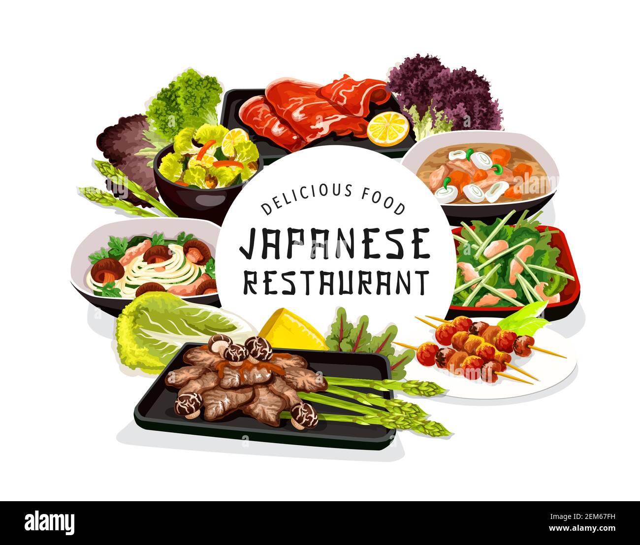 Japanese cuisine food, vector noodles with shiitake mushrooms, puffer ...