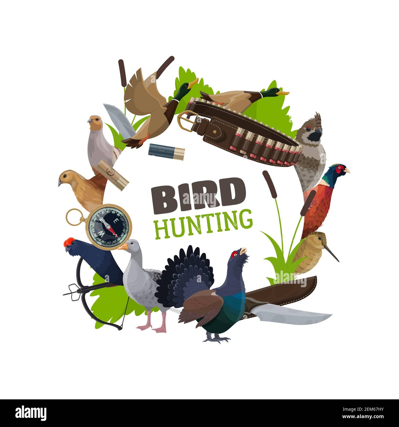 Wildfowl birds hunting open season and hunter ammunition vector poster ...