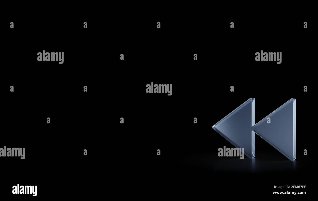 3d rendering of frosted glass symbol of rewind sign isolated on black ...