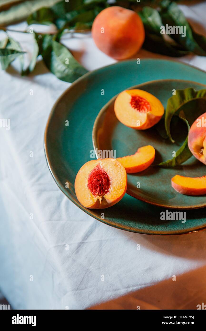 Peaches fruit Still life in minimalistic rustic style. Peaches with ...