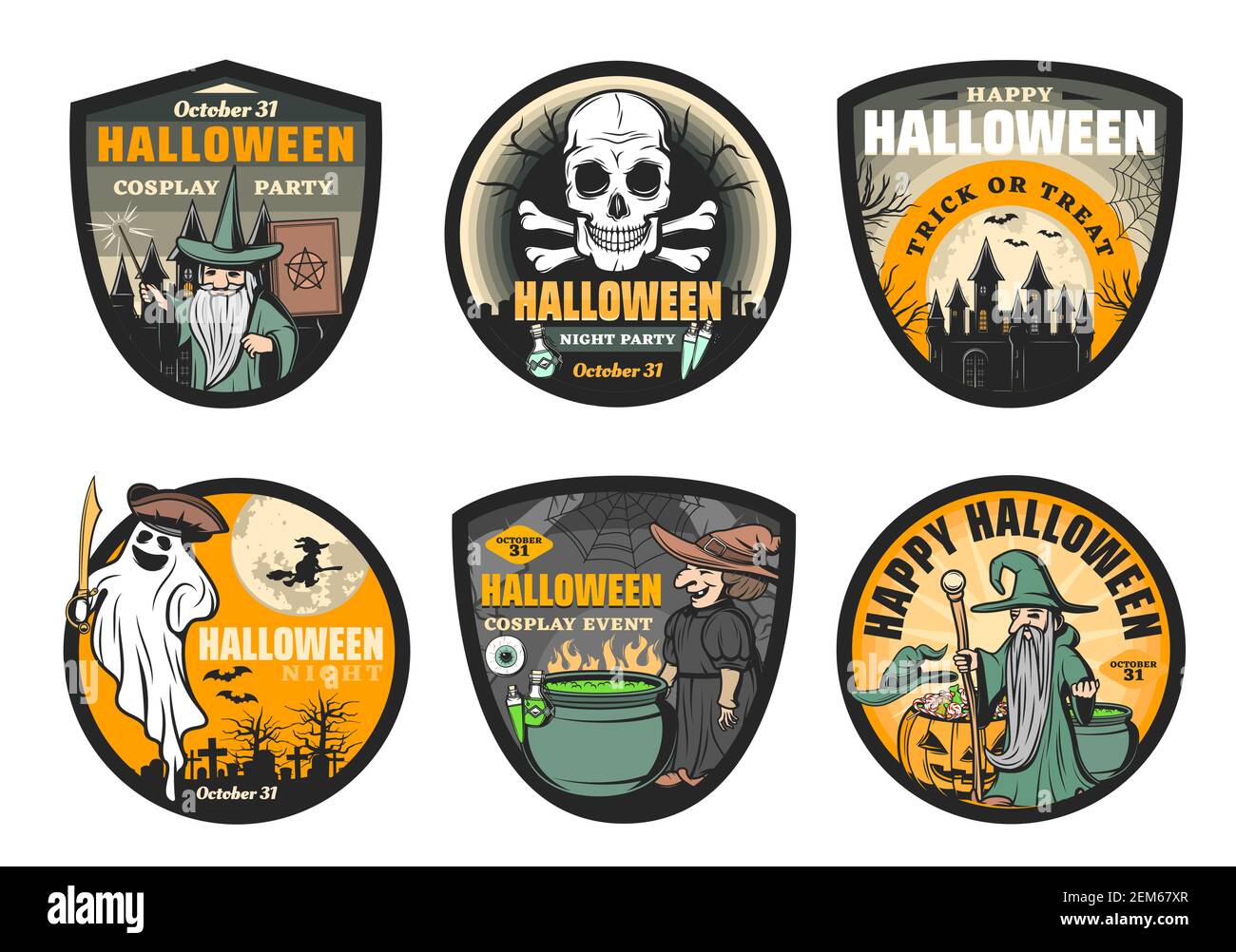 Halloween ghost and monsters vector badges. Horror pumpkin, skeleton ...