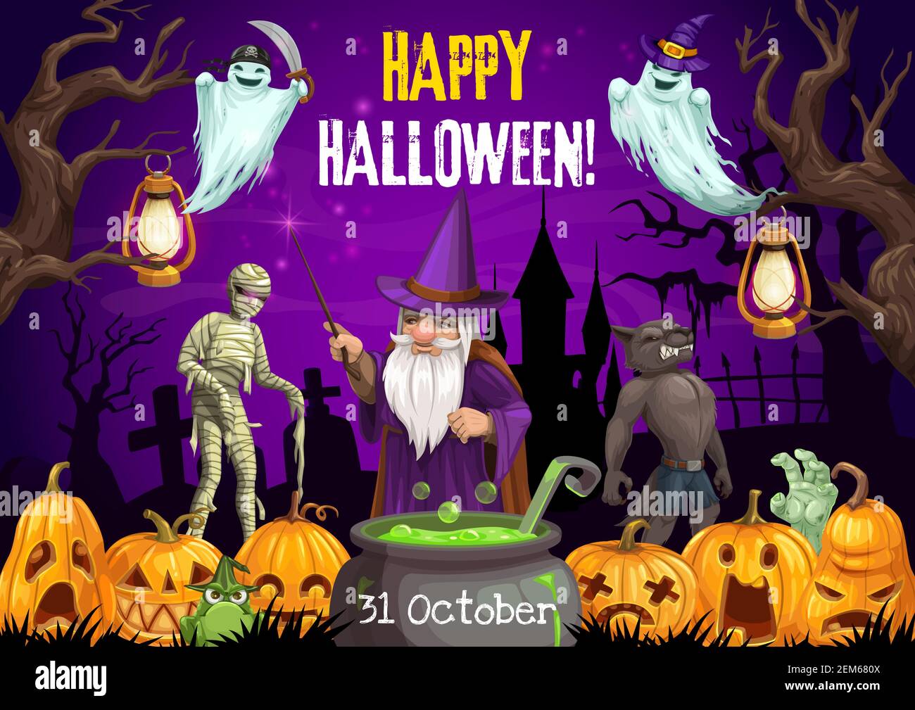 Halloween pumpkins, ghosts and horror night monsters vector design of ...