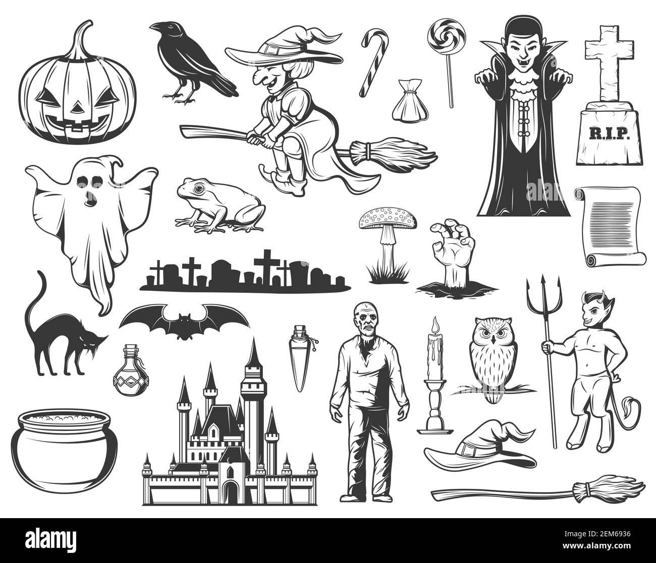 Halloween sketches with vector horror ghost, pumpkin and witch, Dracula ...