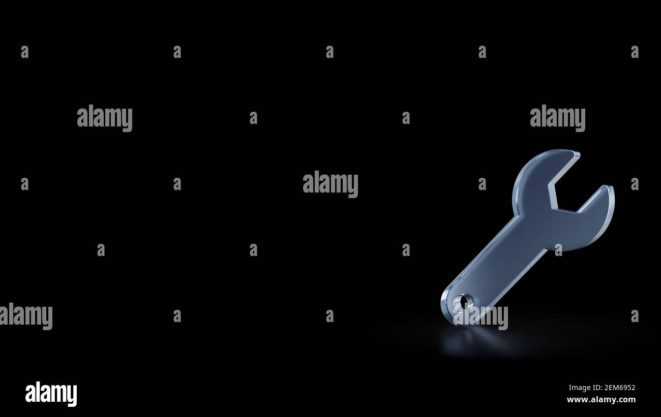 3d Rendering Of Frosted Glass Symbol Of Wrench With Small Hole Isolated On Black Background With