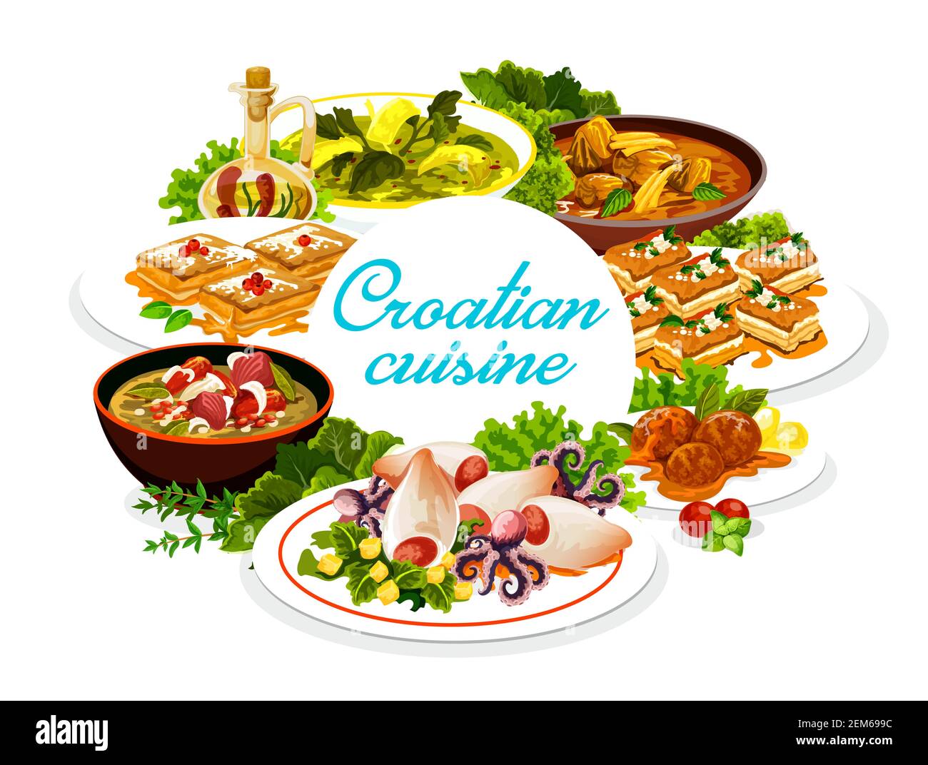 Croatian cuisine food, restaurant menu cover, vector poster. Authentic ...