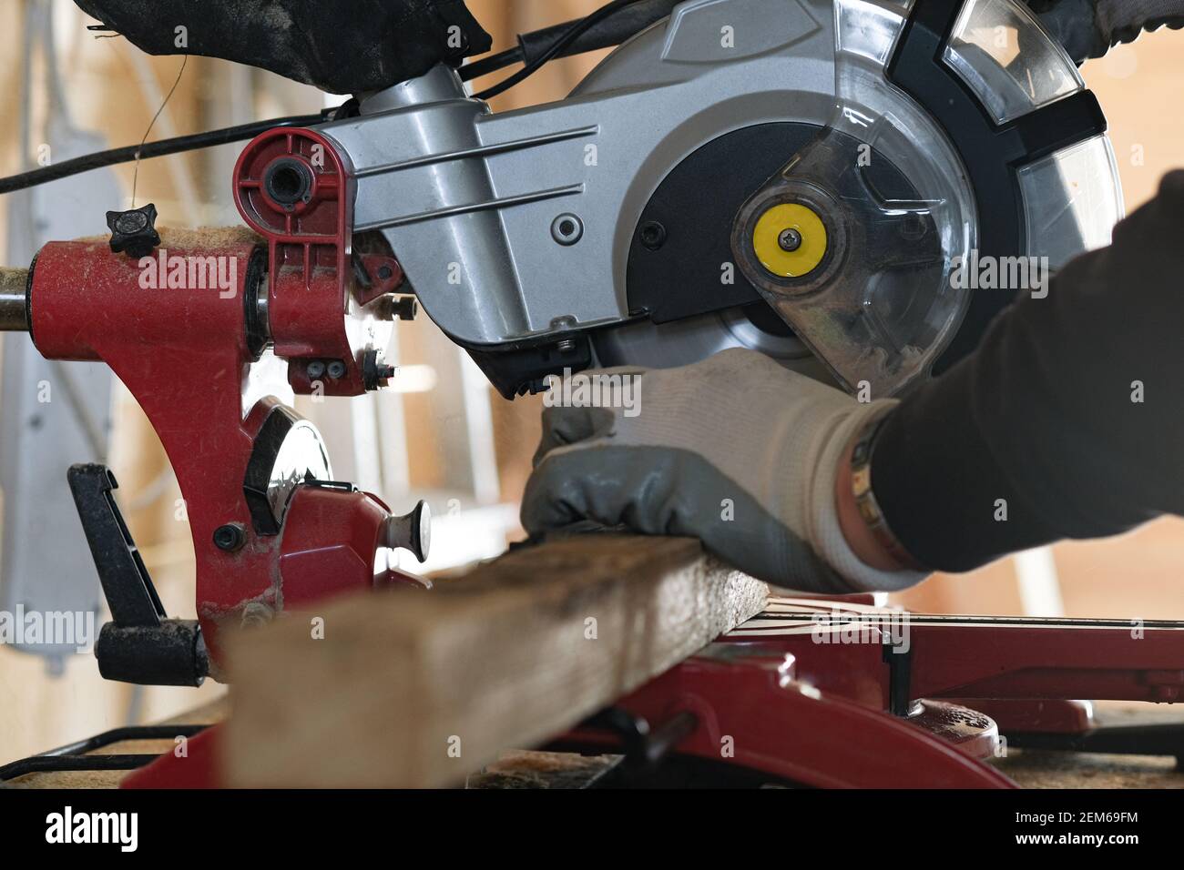 Carpenter man hand view while Using Circular Saw for cut wood sheet,job ...