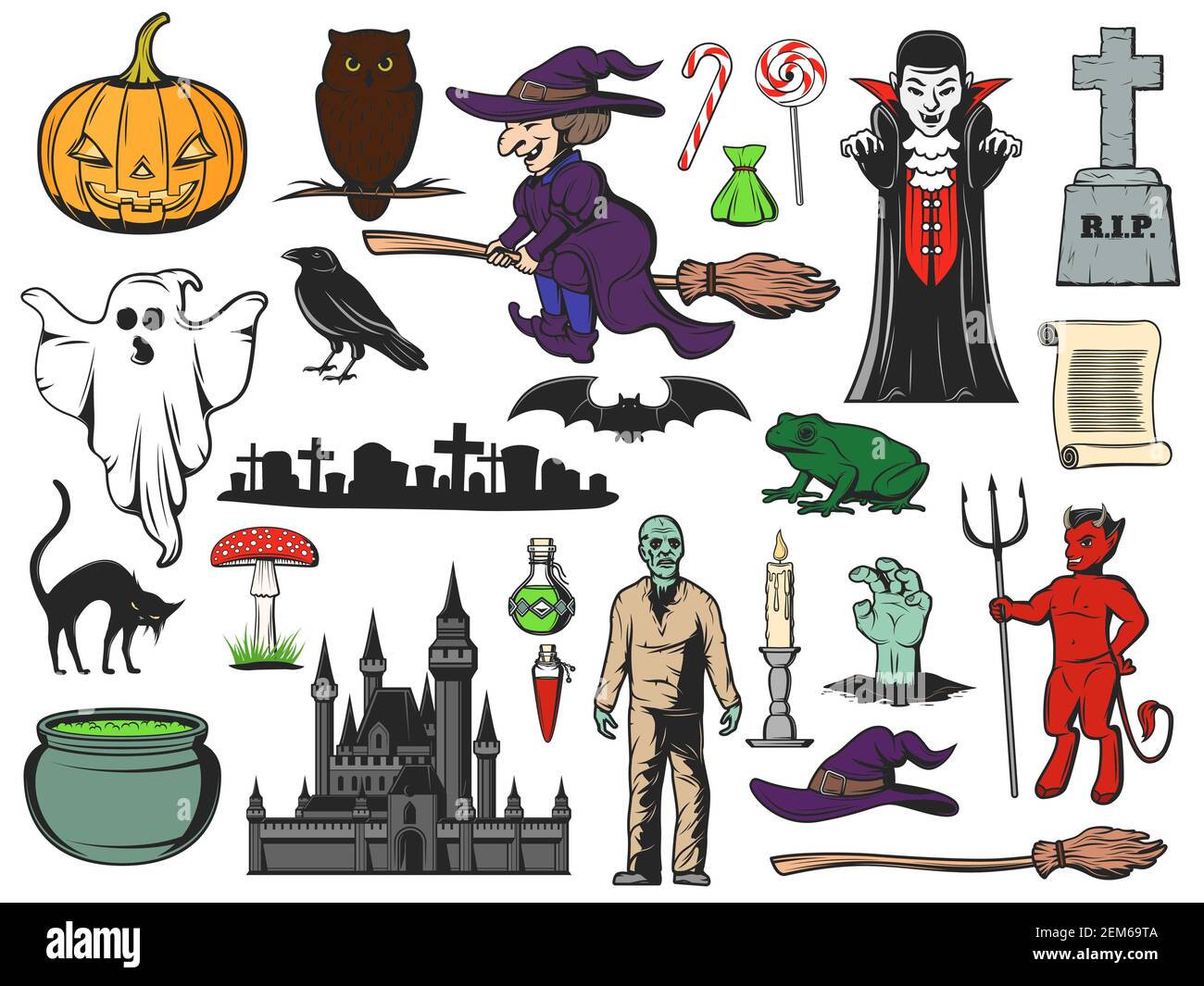 Halloween pumpkin, ghost and bat, witch, owl and zombie icons. Vector ...
