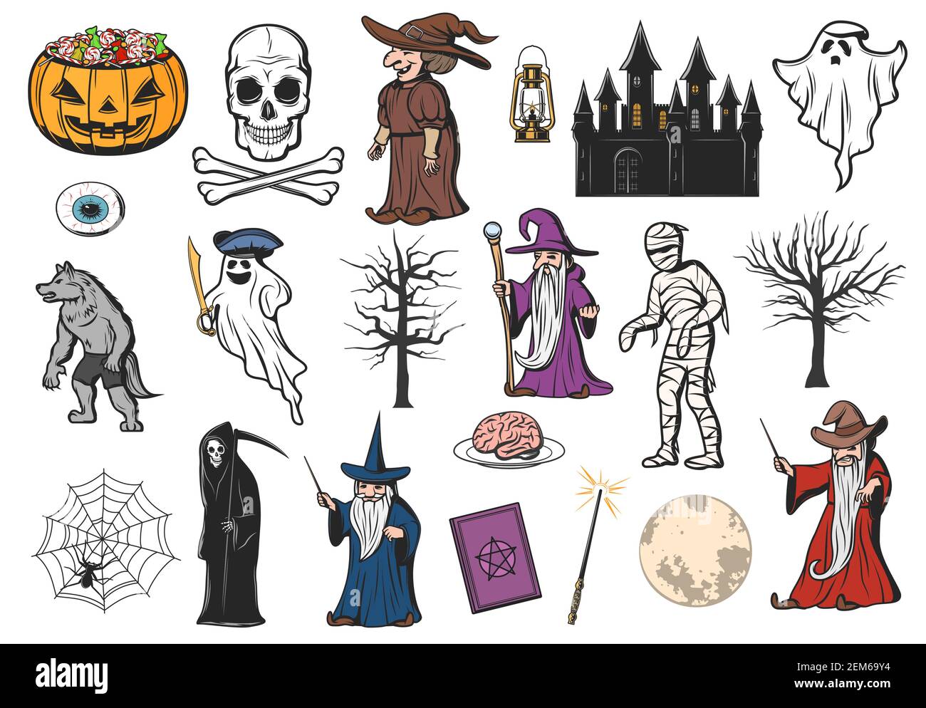 Halloween horror night pumpkin, ghost and witch icons. Vector skull ...