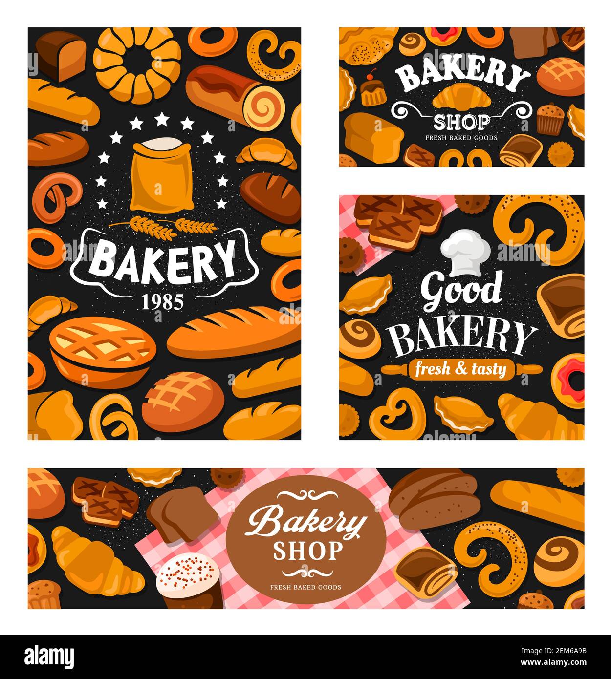 Bakery shop bread, pastry and desserts, vector banners. Baker chef ...