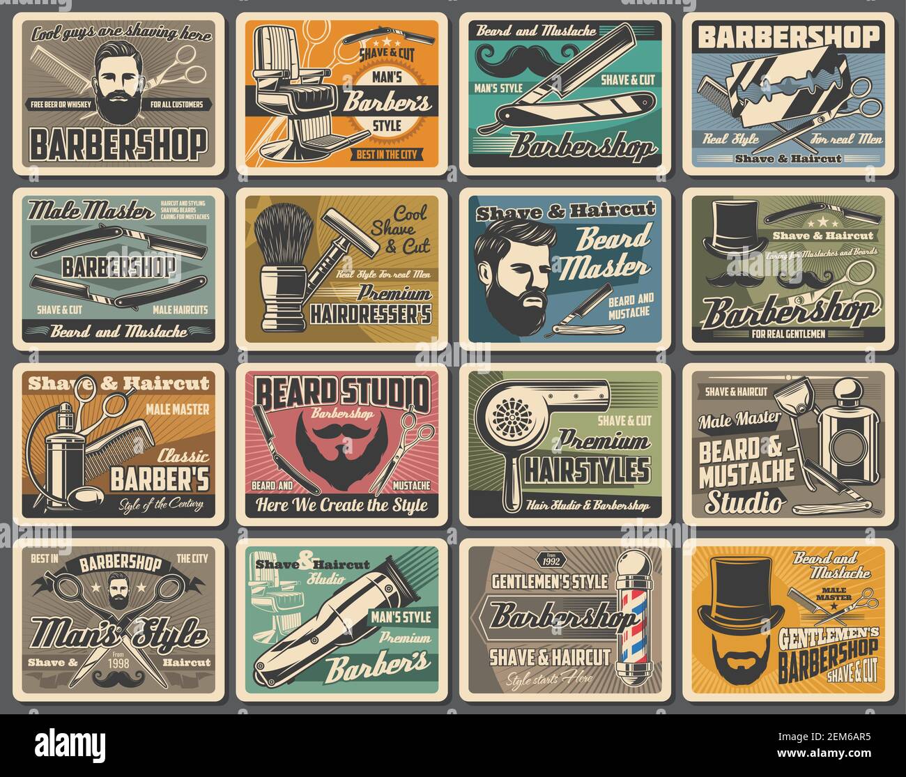 Barbershop mustaches and beard shave, hairdressing salon retro posters ...