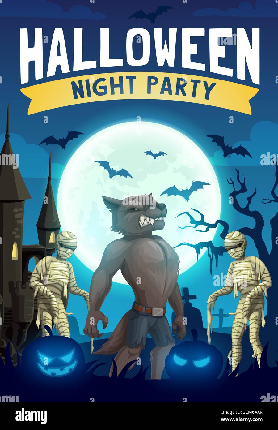 Halloween night party vector design with horror monsters. Spooky ...