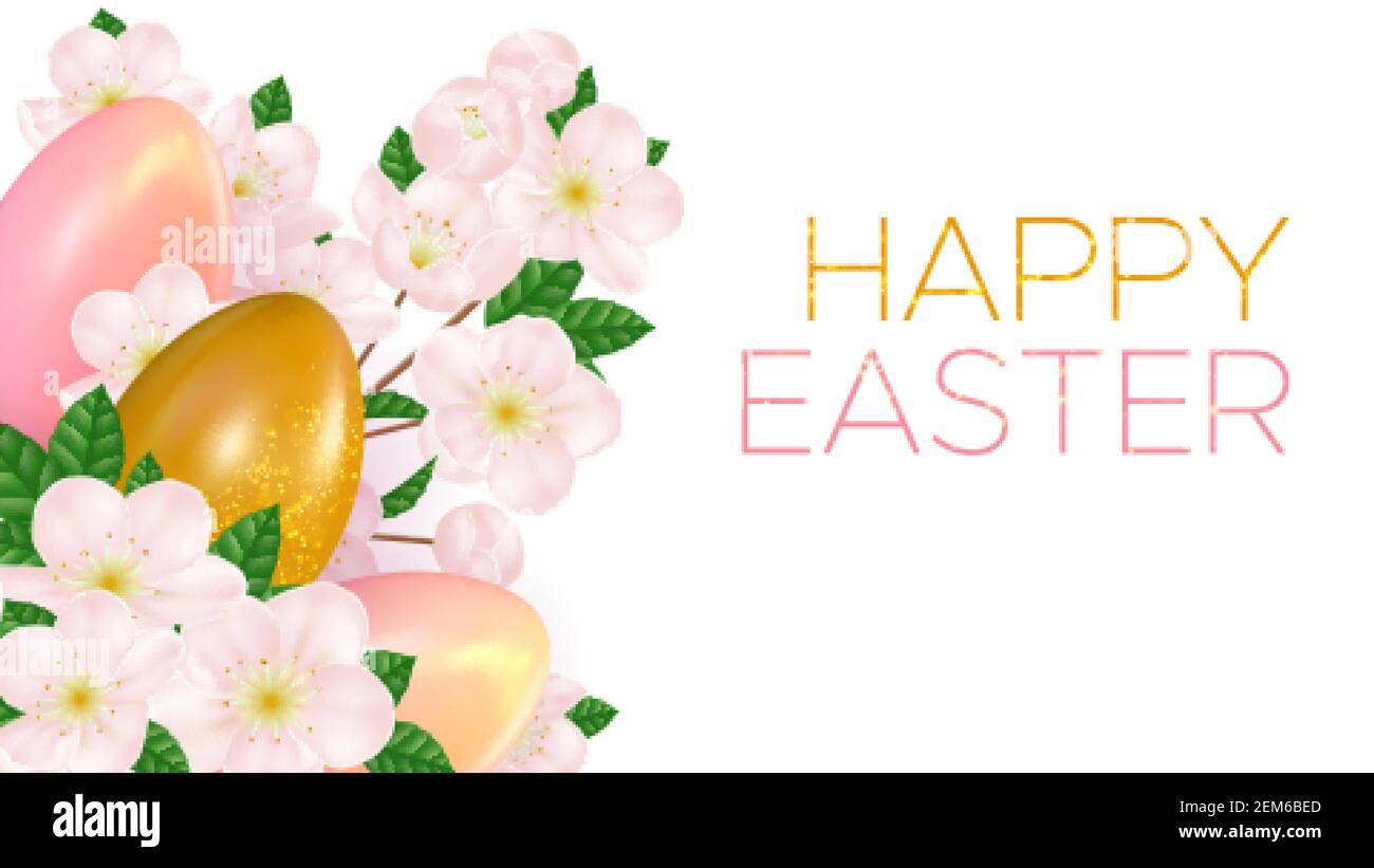 Happy Easter background with realistic easter eggs and cherry blossoms ...