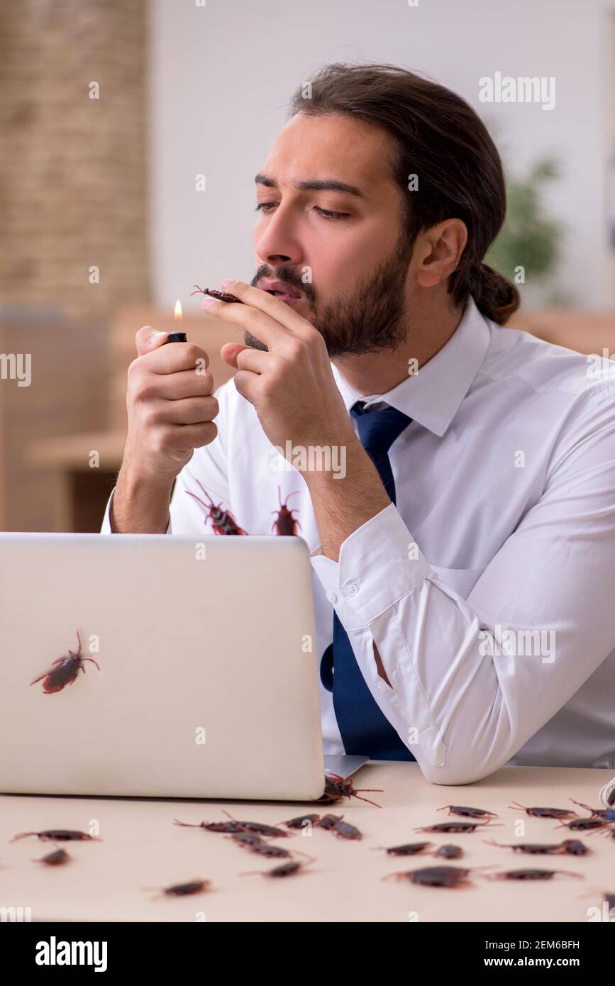 Young businessman employee and too many cockroaches in the office Stock ...