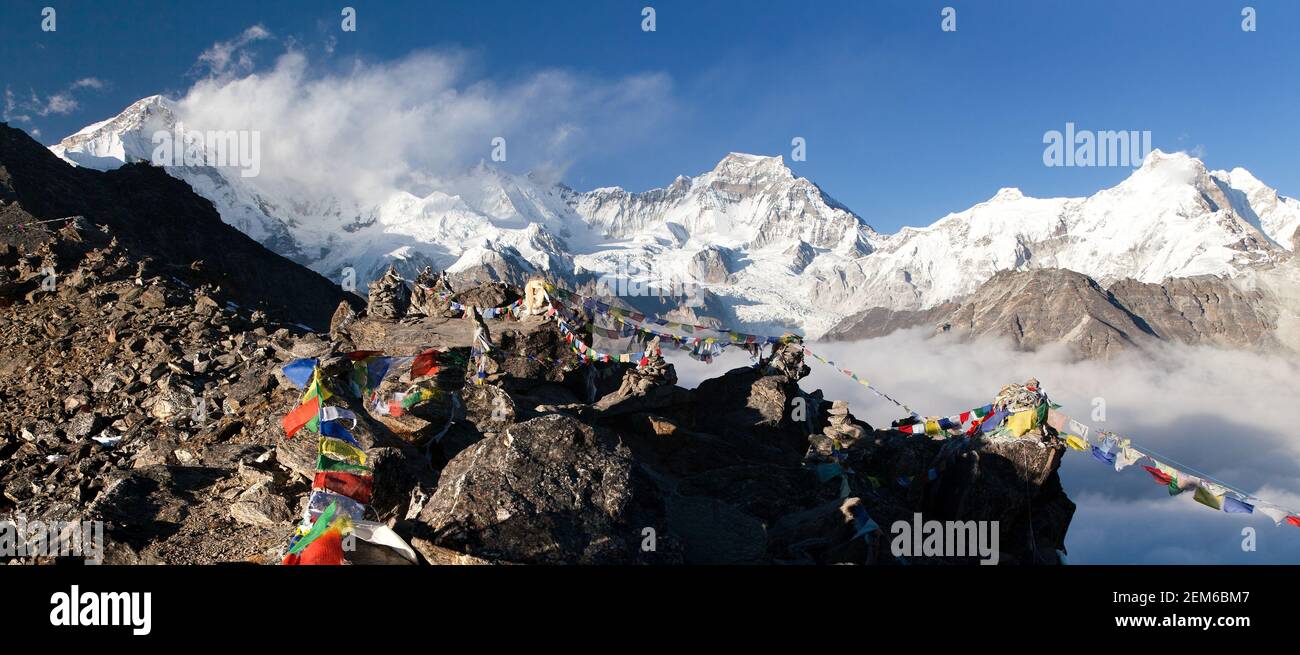 Panoramic view of mount Cho Oyu and mount Gyachung Kang with prayer ...