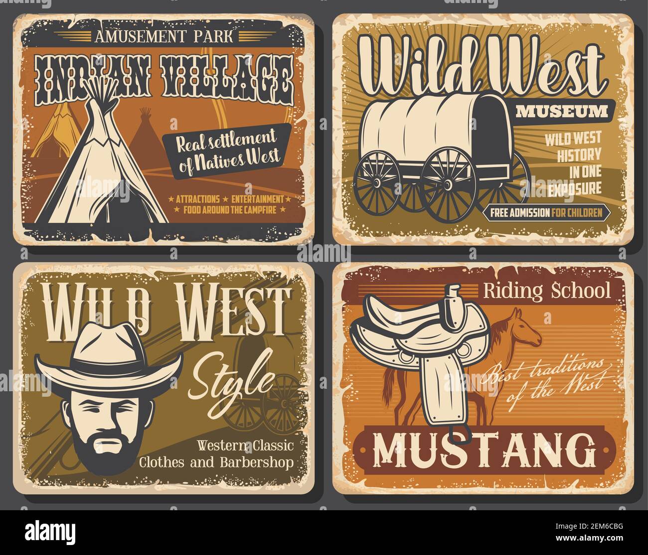 Wild West retro posters of Western cowboy with hat, rodeo horse and ...