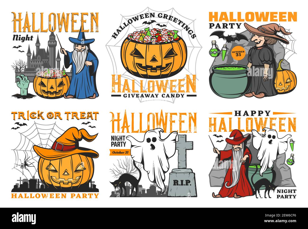 Halloween ghost, pumpkin, bat and spider vector icons with horror night ...