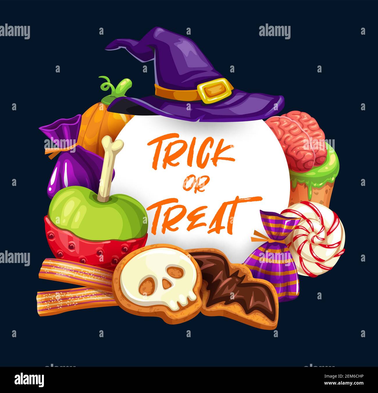 Halloween trick or treat sweets vector design. Pumpkins and witch hat ...