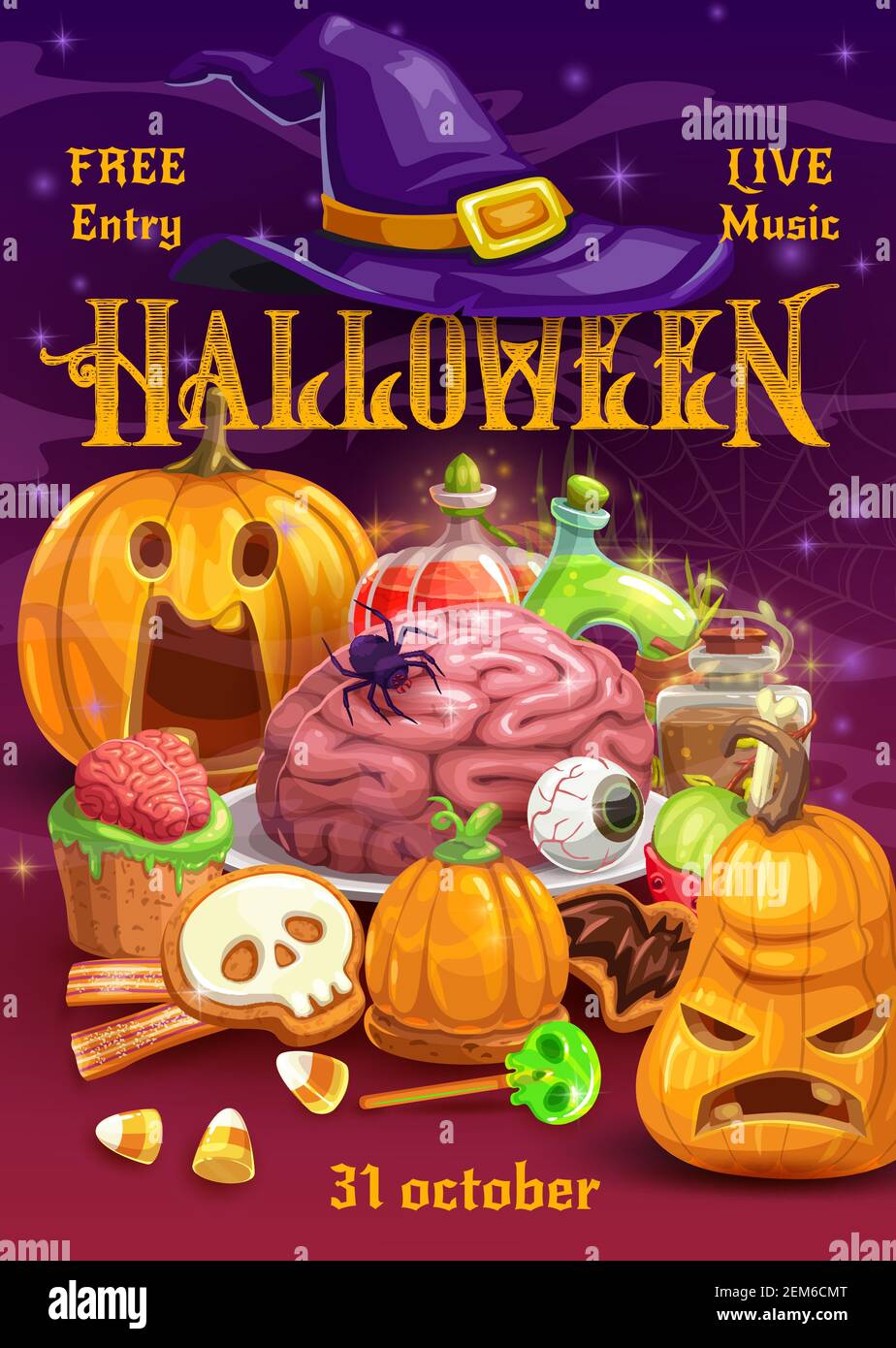Halloween trick or treat pumpkins with candies, witch hat and potion ...