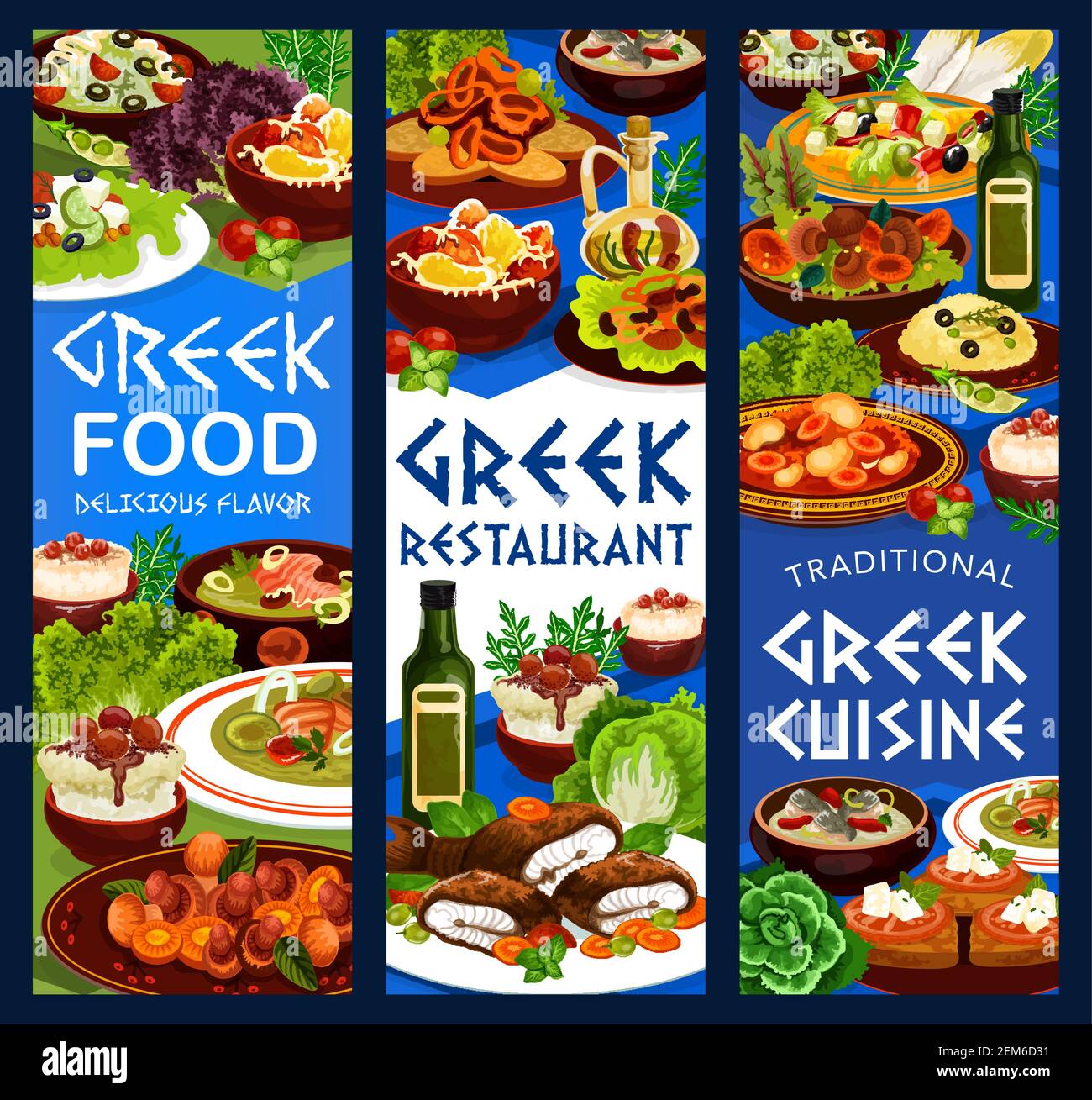 Greek cuisine restaurant food banners. Vector vegetable salad, fish ...