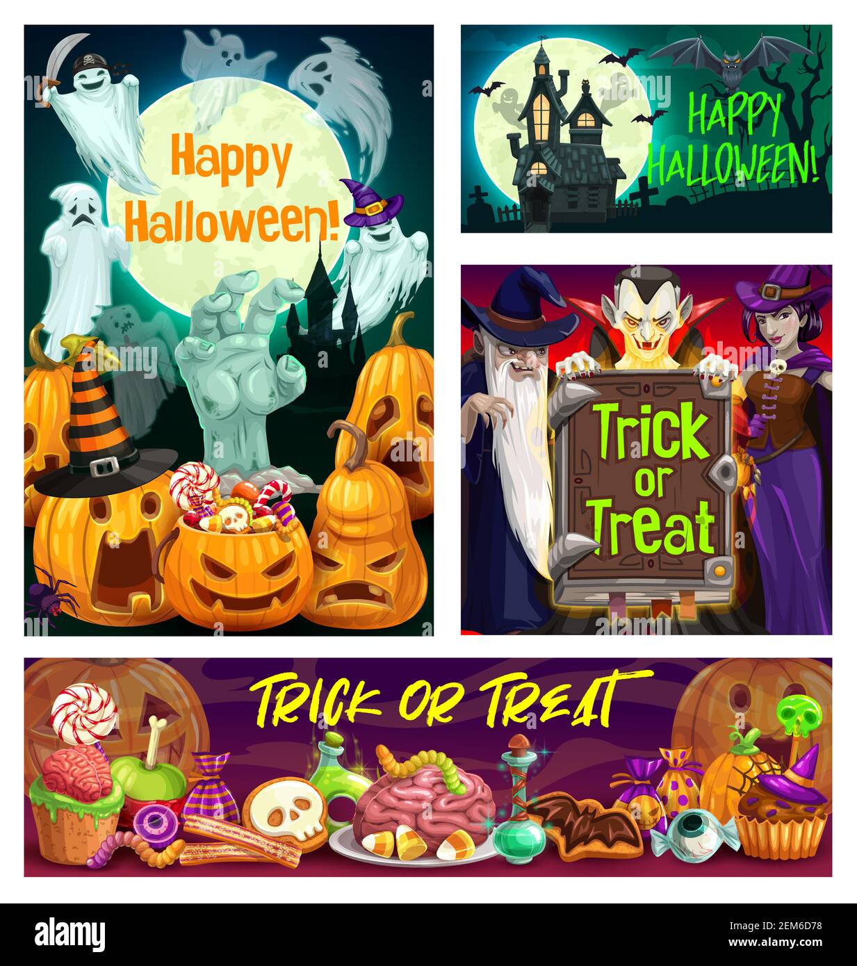 Halloween monsters, pumpkins and trick or treat candies vector greeting ...
