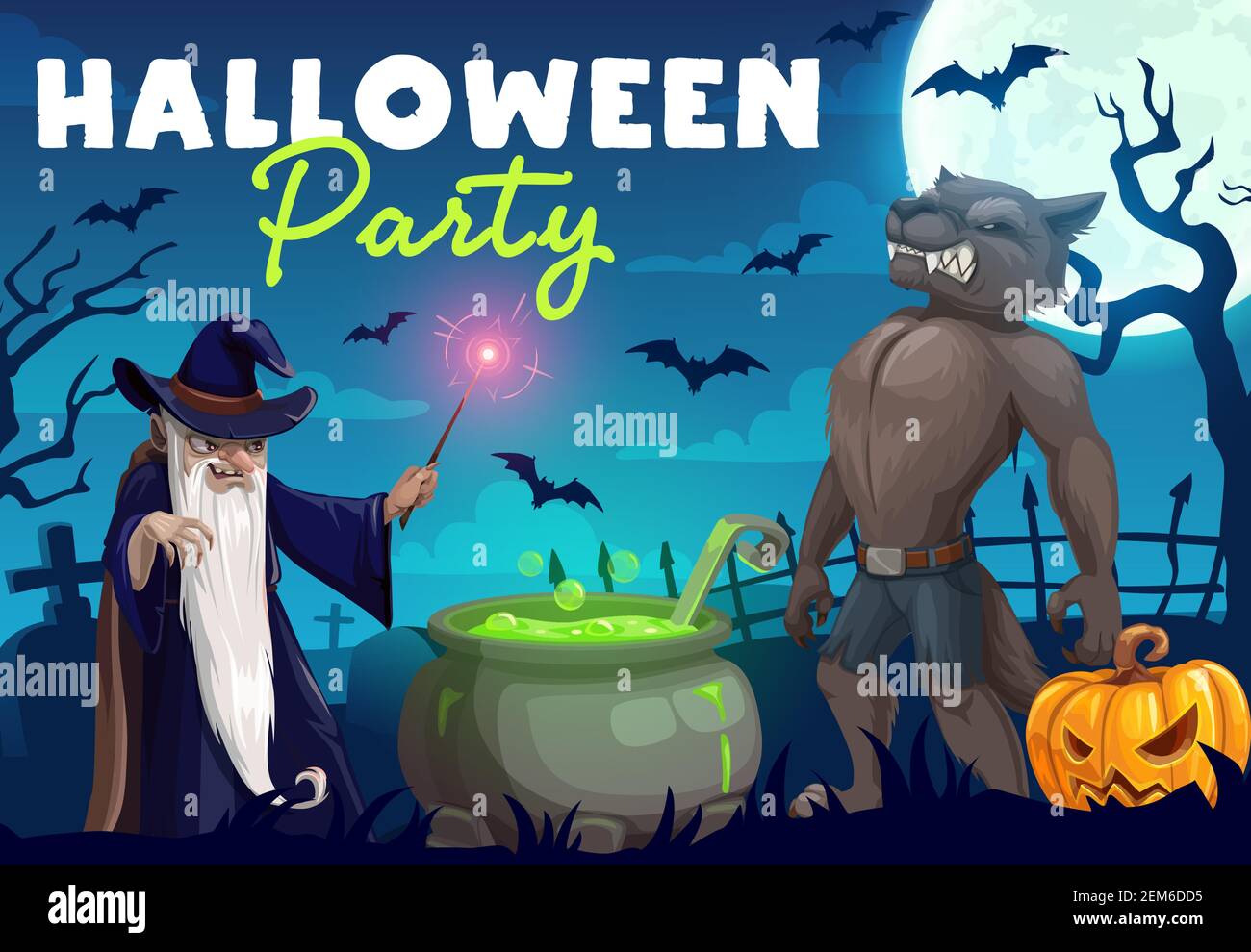 Halloween pumpkin, horror bats and monsters. Vector evil wizard making ...
