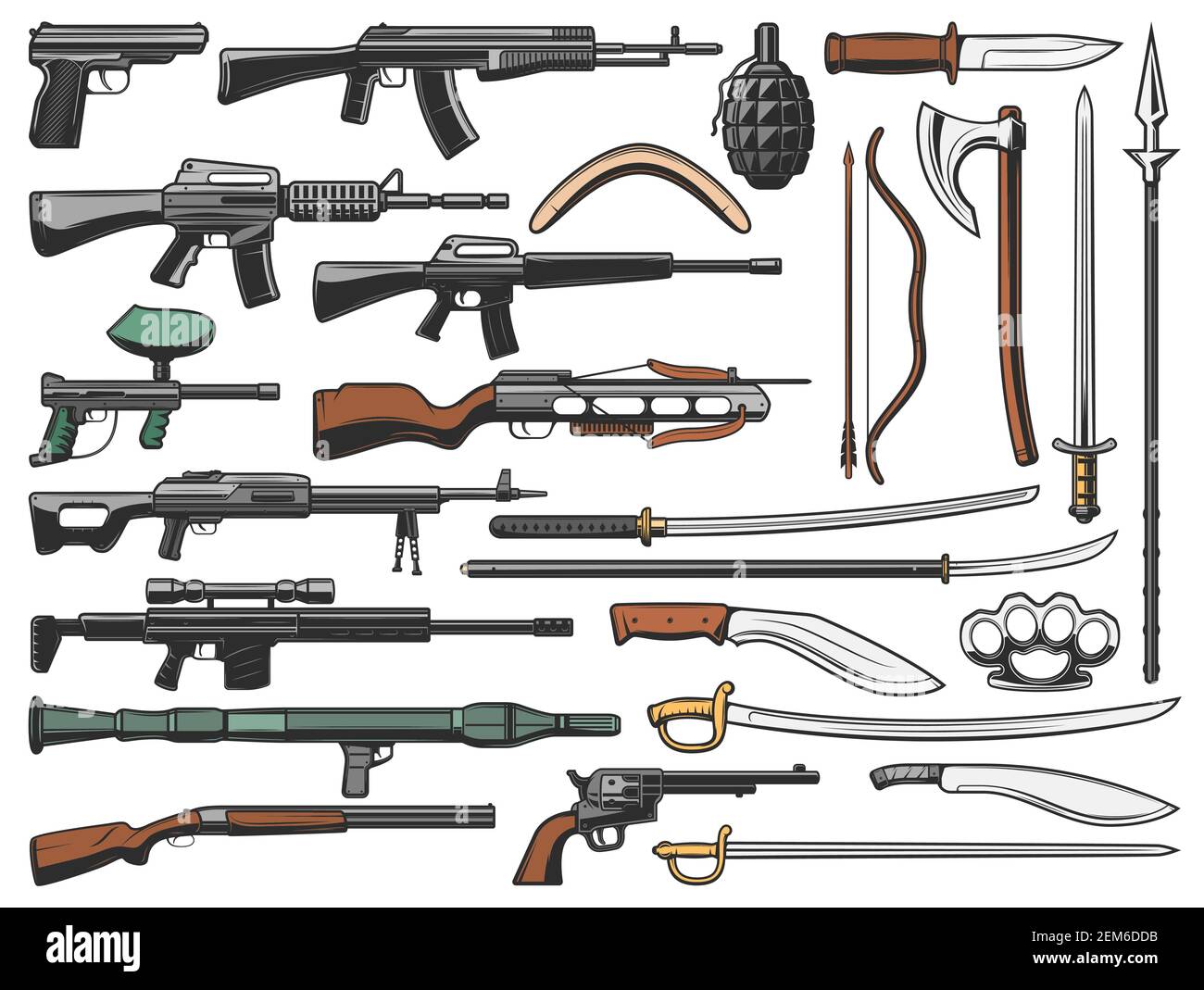Weapon vector icons, military ammunition bullet gun, automatic shotgun ...