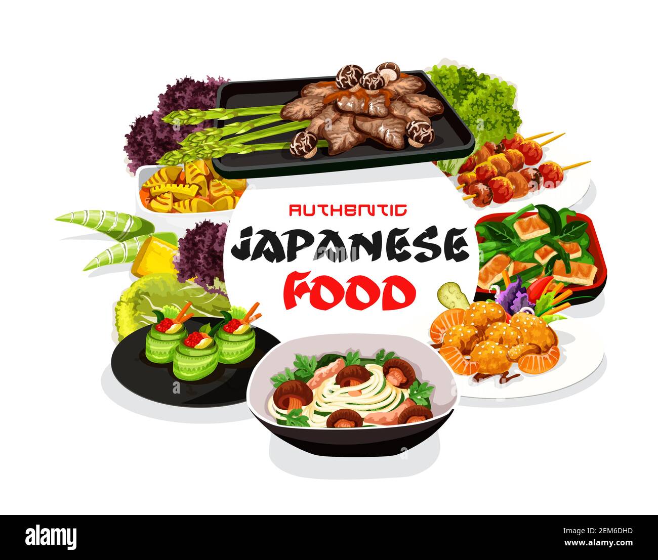 Japanese cuisine meals vector poster. Asian food noodles, veggies and ...
