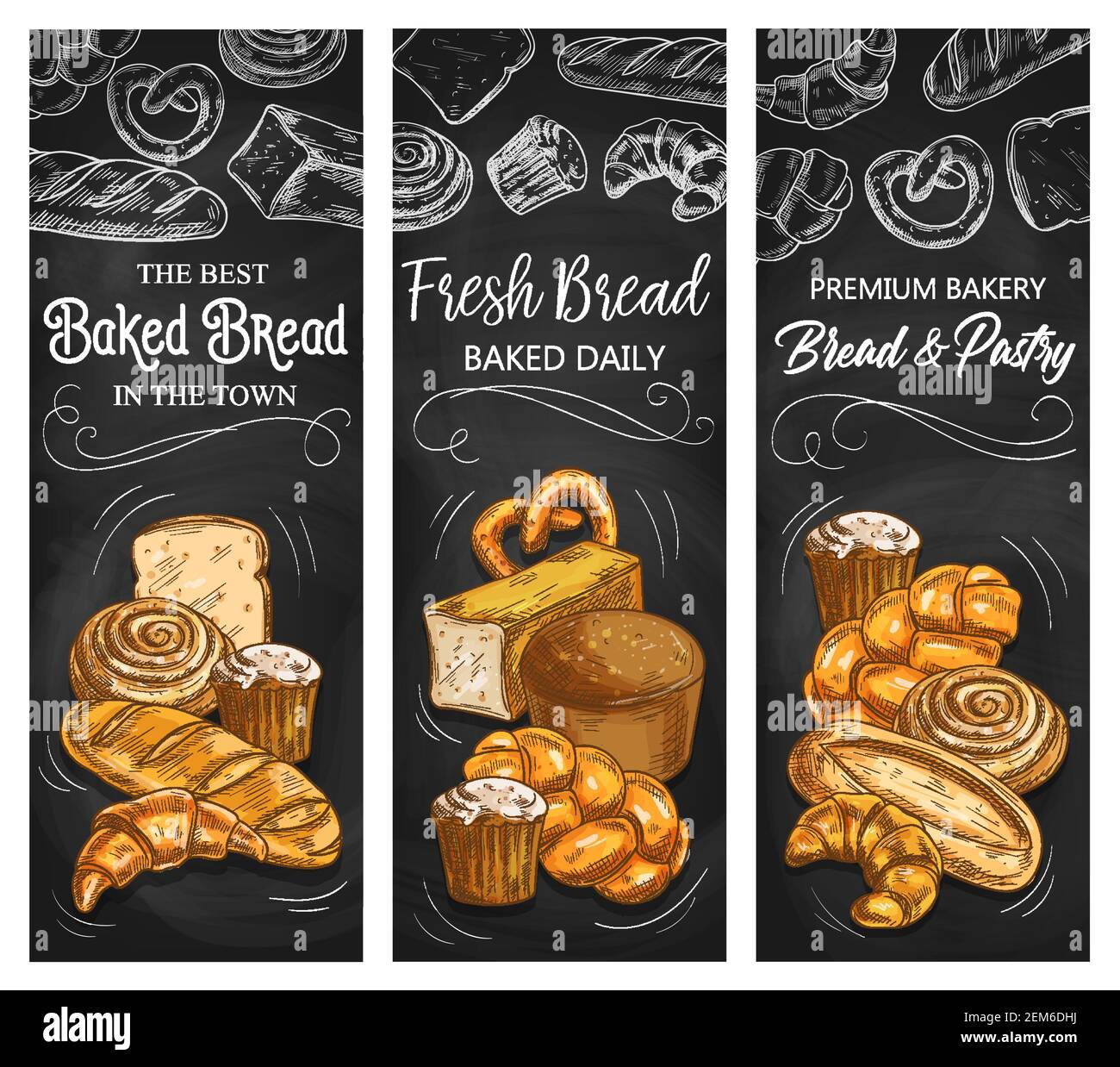 Bakery bread, vector chalk sketch banners, patisserie buns and pastry ...