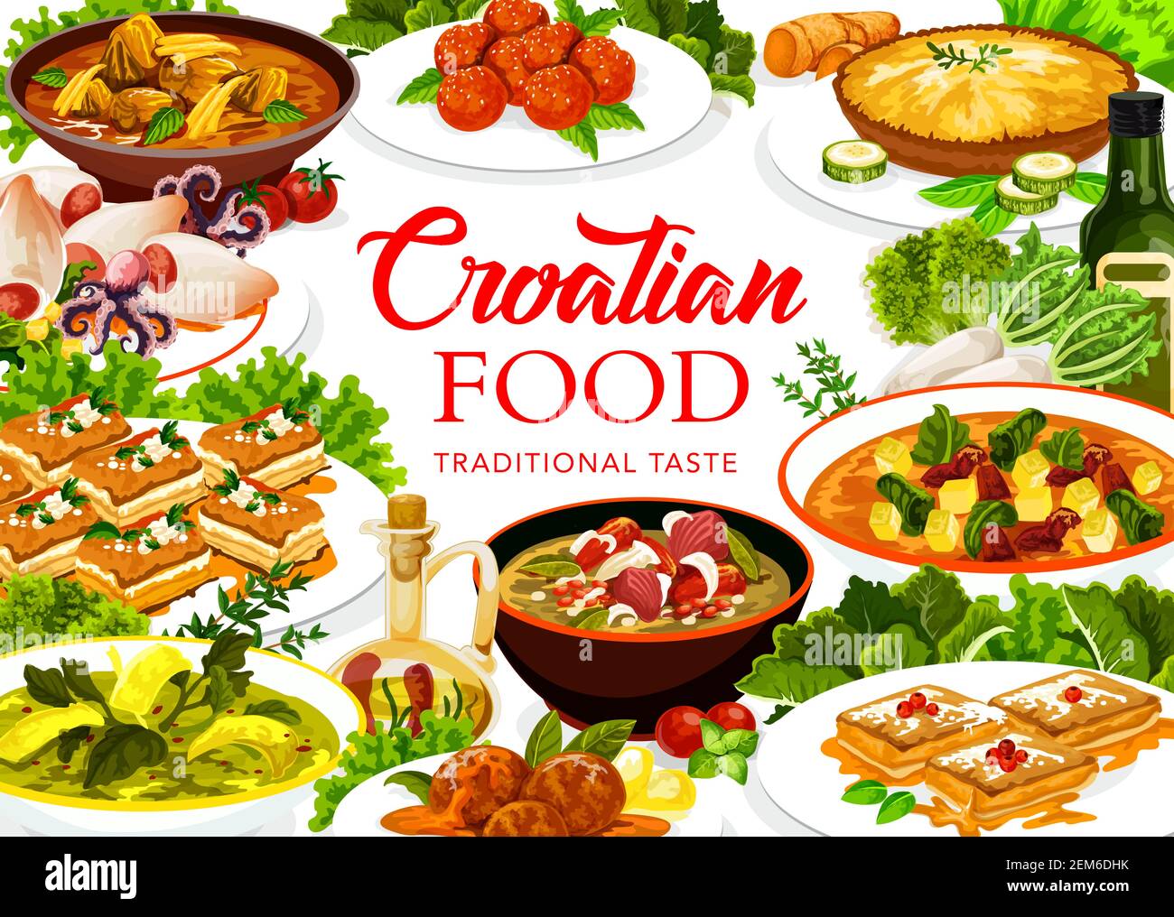 Croatian cuisine food, vector restaurant menu cover, Croatia authentic ...