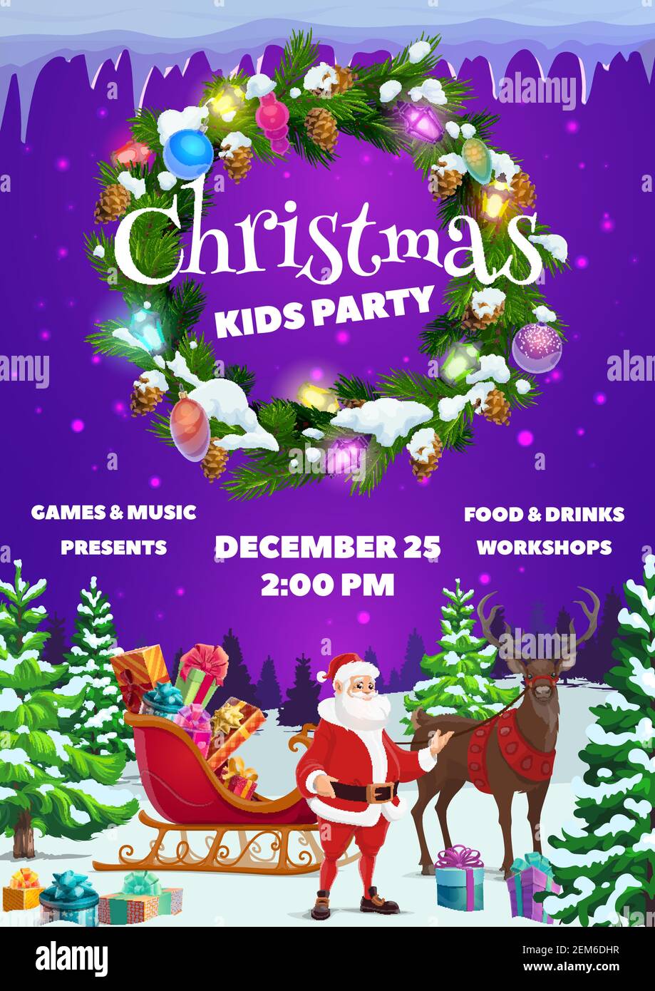 Christmas holidays kids party invitation with Santa sleigh, gifts and ...