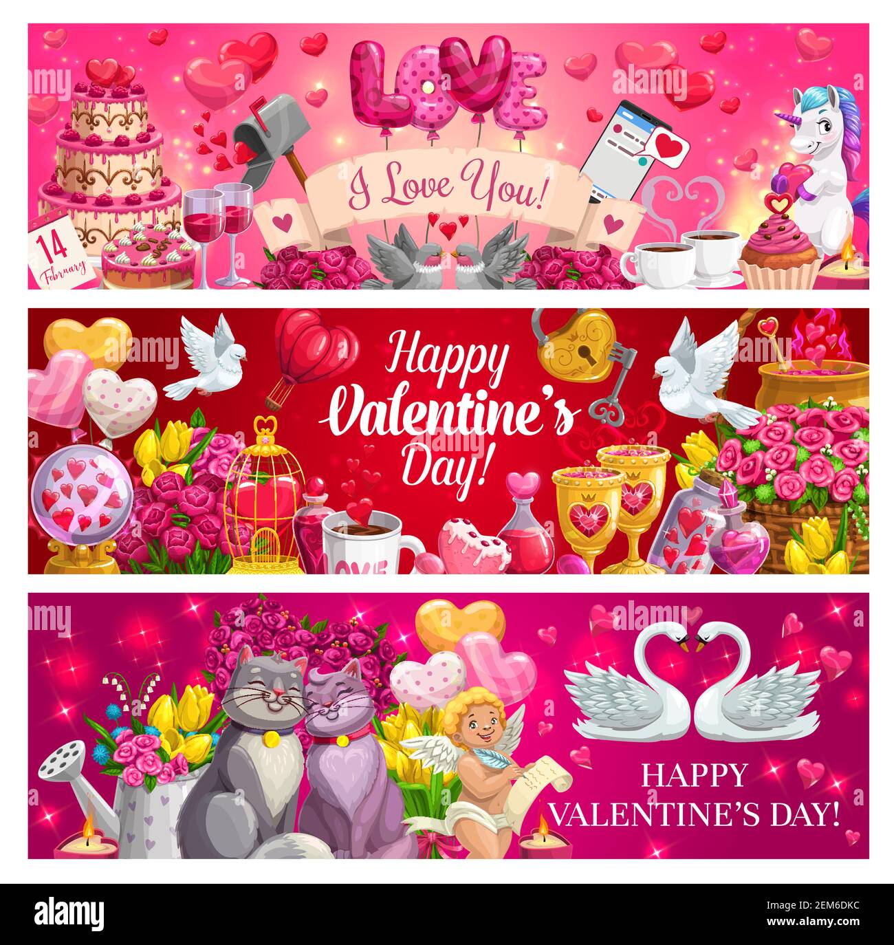 Romantic love gifts of Valentines Day vector banners. Hearts, flower ...